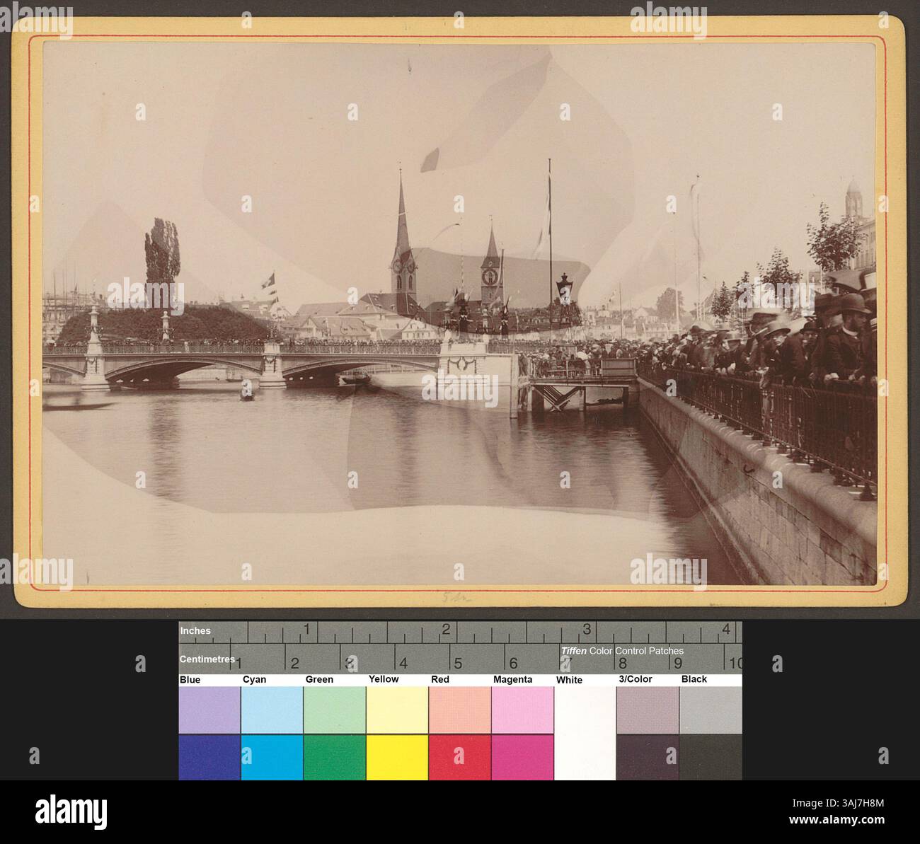 A photograph showing the Quaibrücke bridge with a steamship dock ...