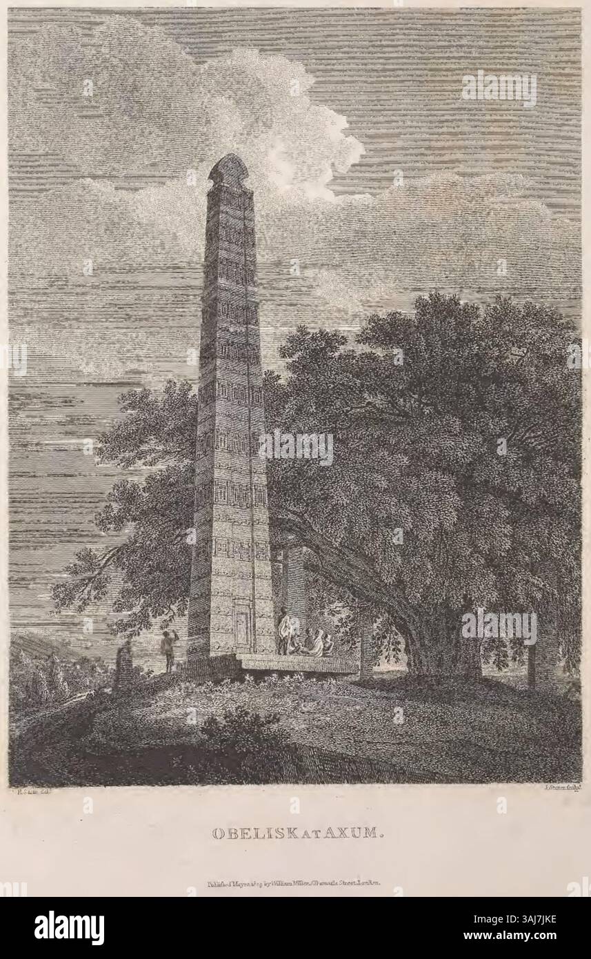The illustration shows an obelisk at Axum, Ethiopia, one of the most ...