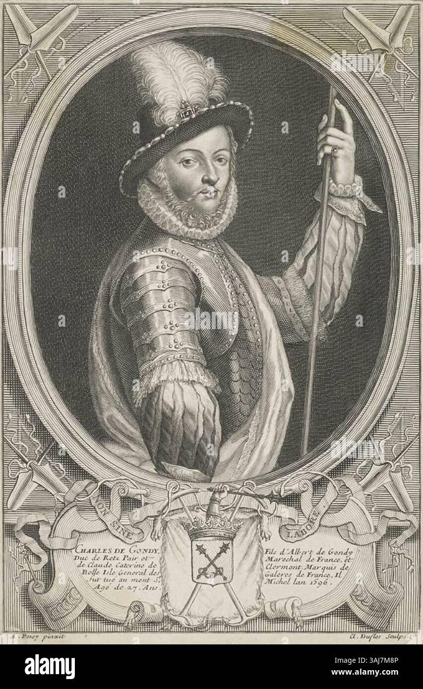 Claude Duflos' etching after A. Pezey presents Charles de Gondi, Duc de ...