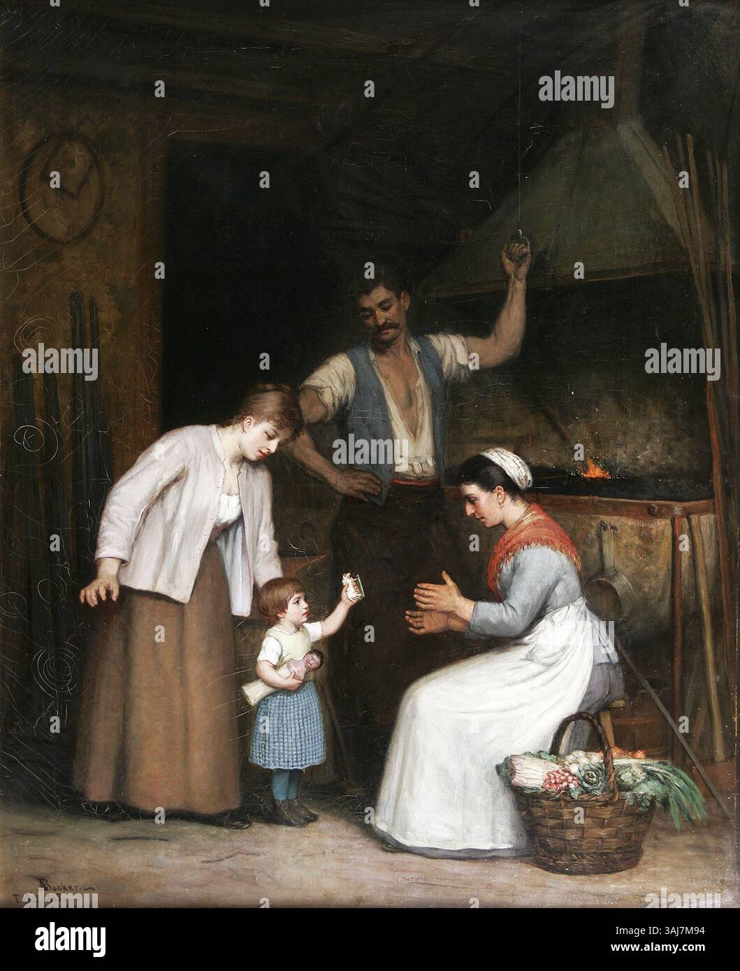 *At the Smithy* by Adolf von Becker, painted in 1885, depicts a ...