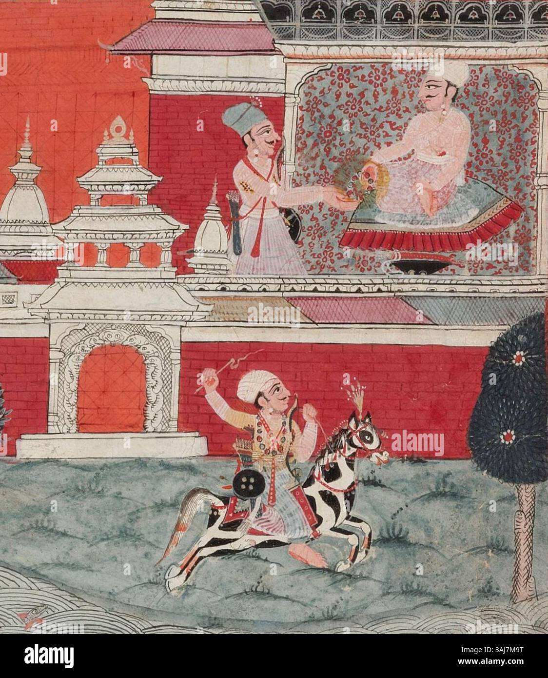 This illustration from the Bhagavata Purana, created around 1750, depicts Satrajit and Prasena ...