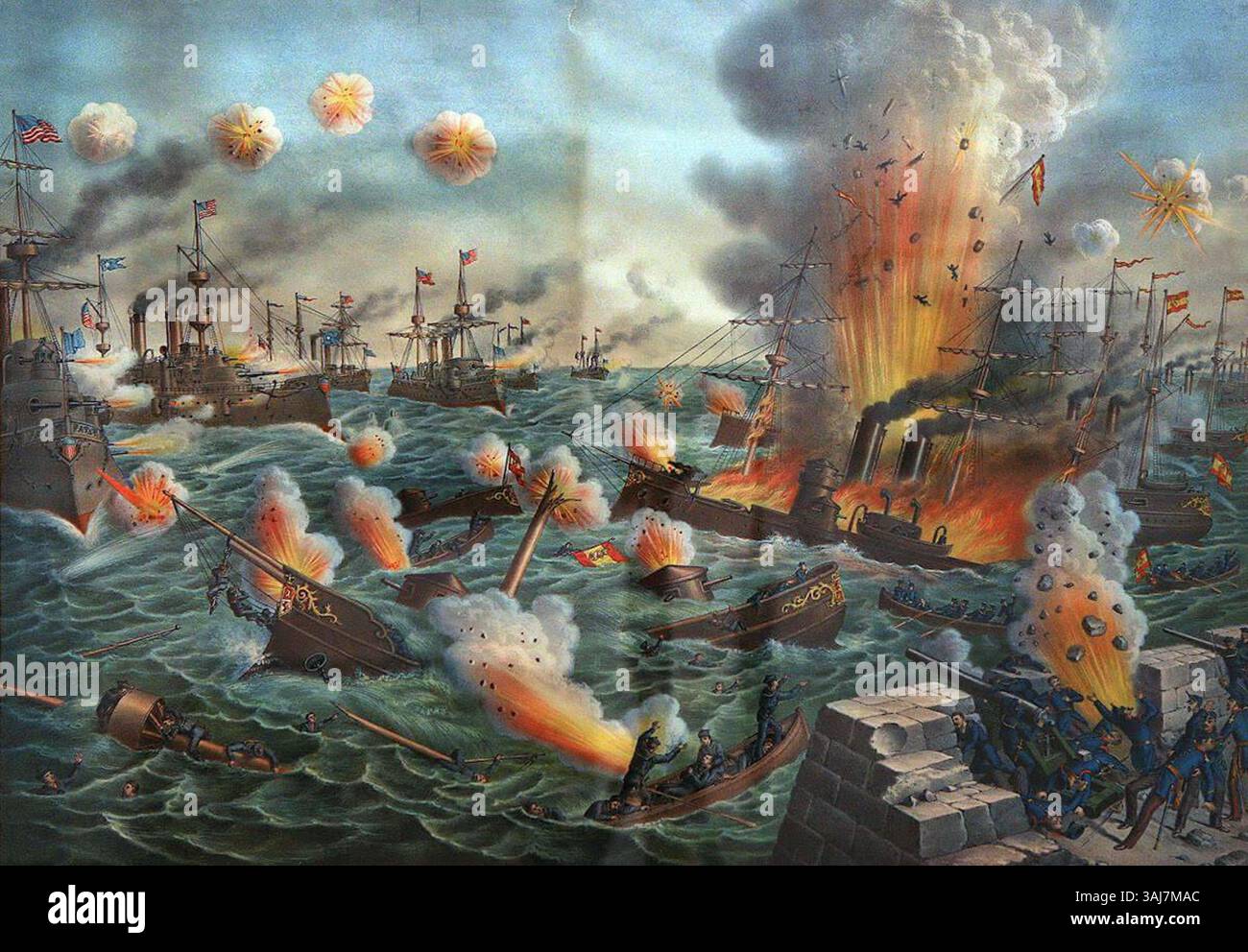 A depiction of the great naval battle off Cavite, circa 1898, by Kurz ...