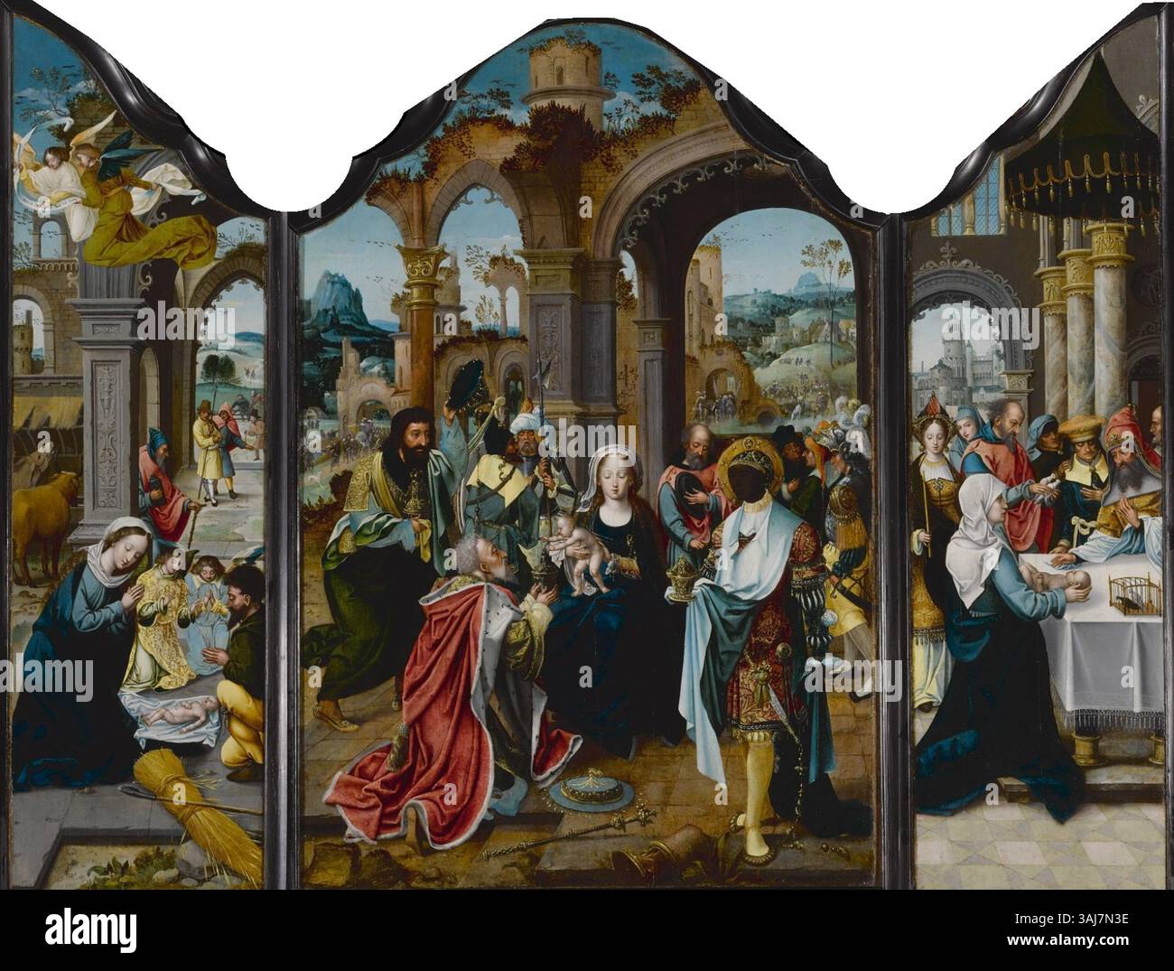 Pieter Coecke van Aelst’s 1550 triptych depicts key scenes from the life of Jesus: the Nativity ...