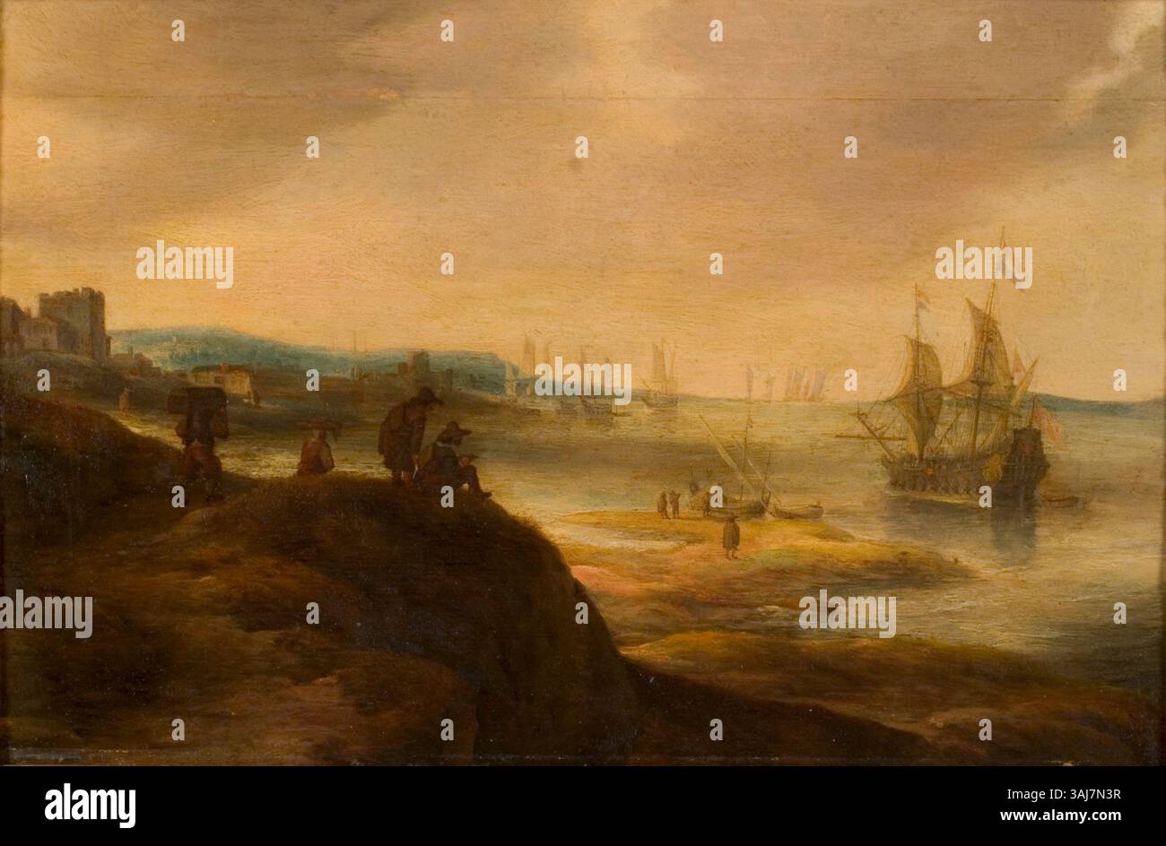 A Dutch painting of a bay scene with ships circa 1645, oil on oak panel ...