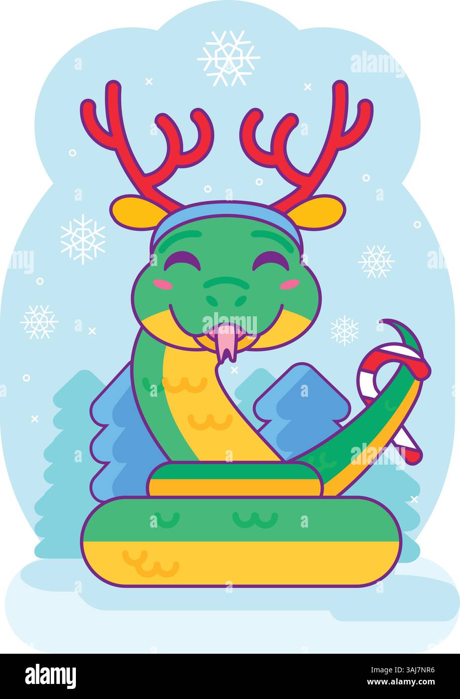 Friendly snake reptile hugs toy Christmas tree decorated with colorful ...