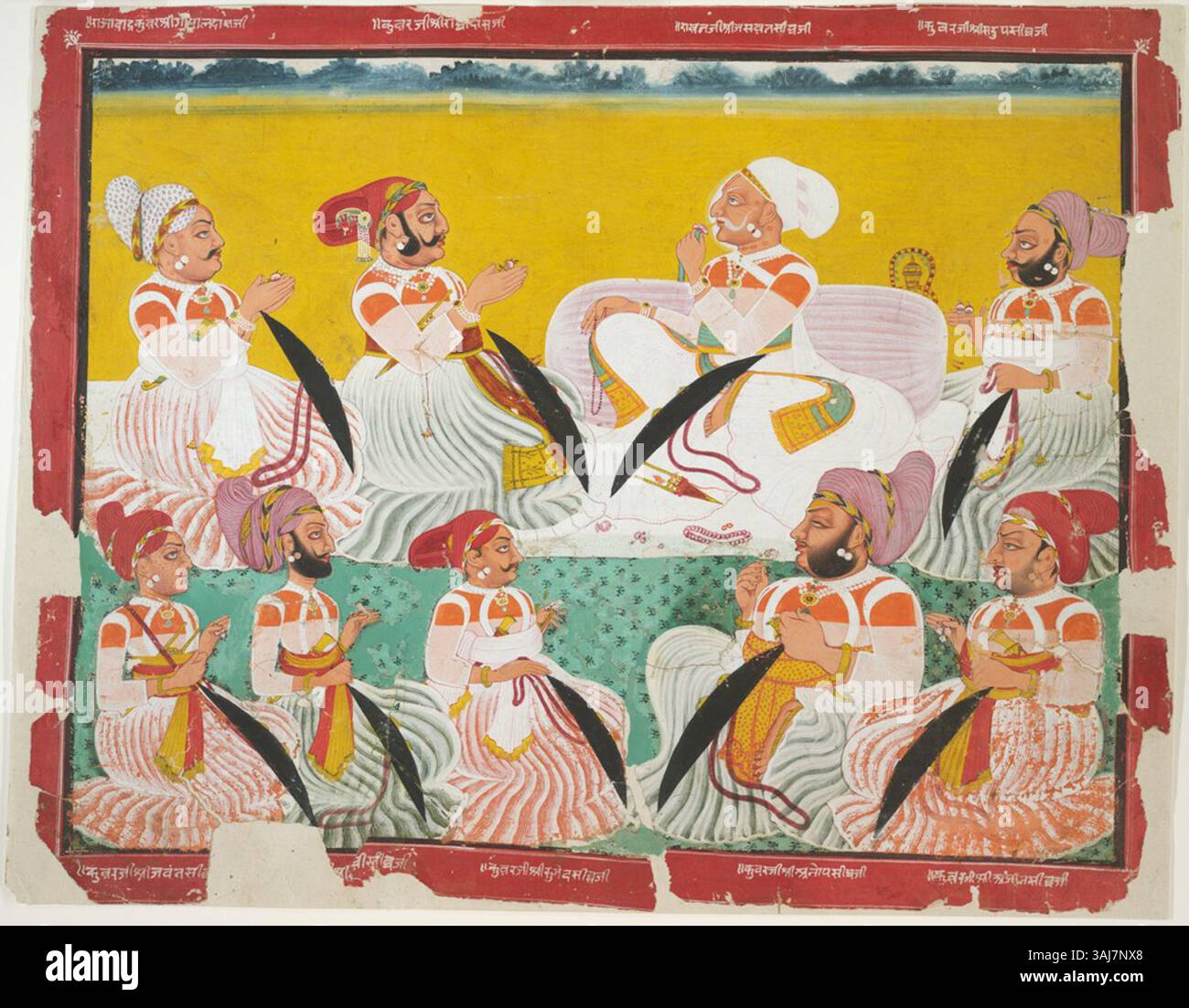 This circa 1778 painting portrays Ravat Jasvant Singh of Devgarh with his inner circle of nobles ...