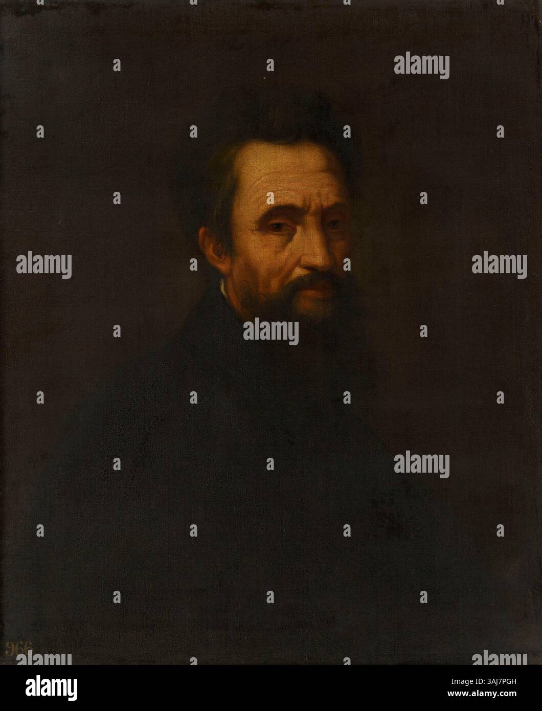 This painting, after Jacopino del Conte, depicts Michelangelo ...
