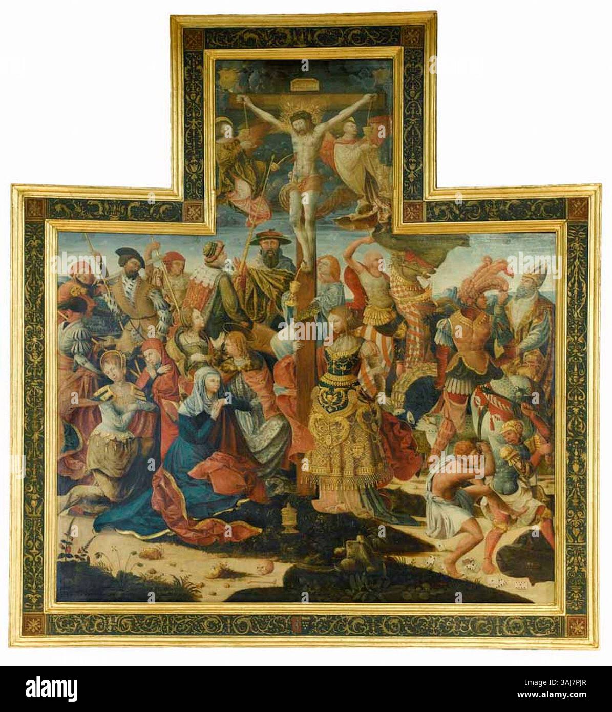 An oil on panel depicting the Crucifixion of Christ, created between 1530 and 1540. The scene ...