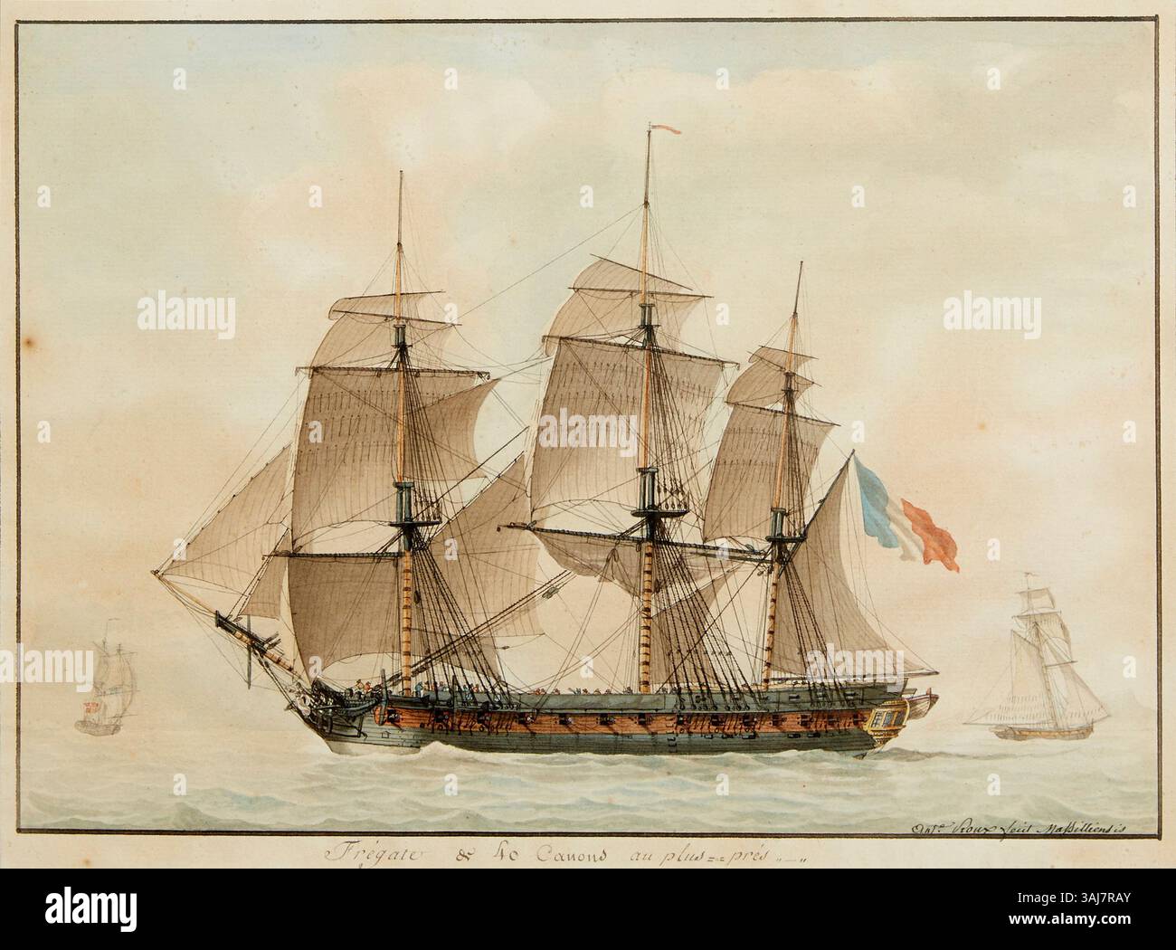 Watercolor by Antoine Roux, signed and dated, showing a frigate with 40 ...