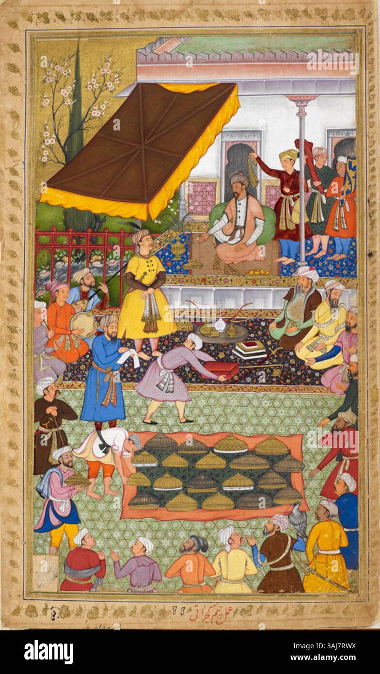 This 1590 painting depicts Babur being entertained by Jahangir Mirza at ...