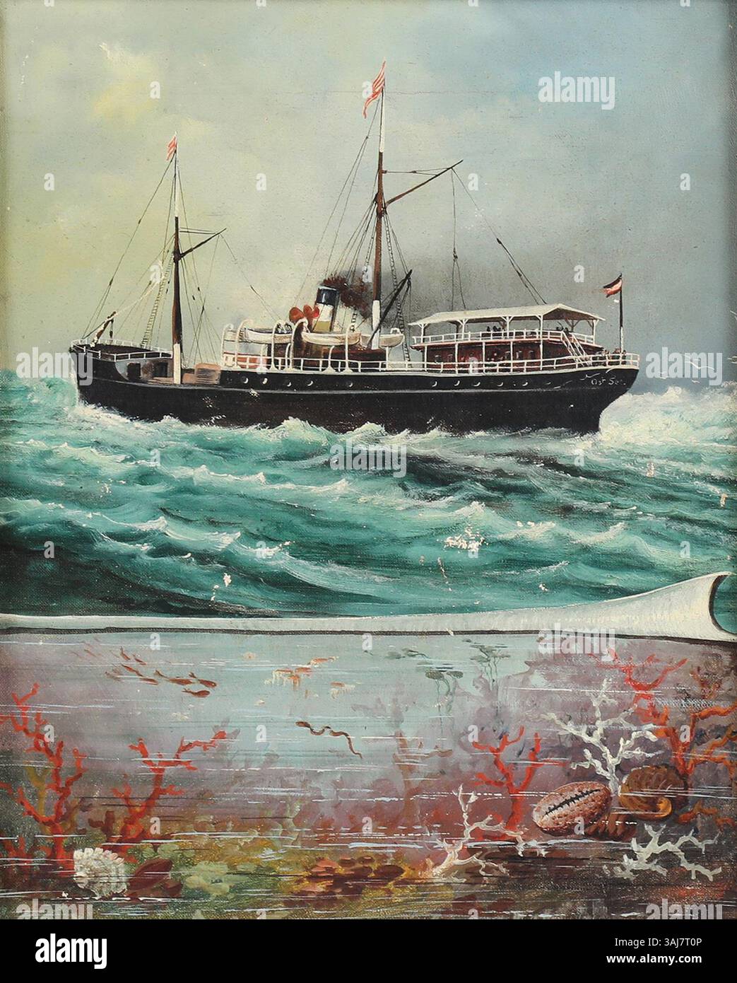 Depiction of a German steamship at sea with an underwater view. This ...