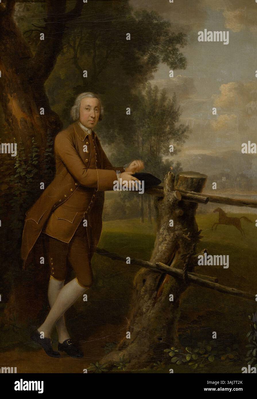 A full-length portrait of a gentleman in a brown suit, with a horse and field background ...