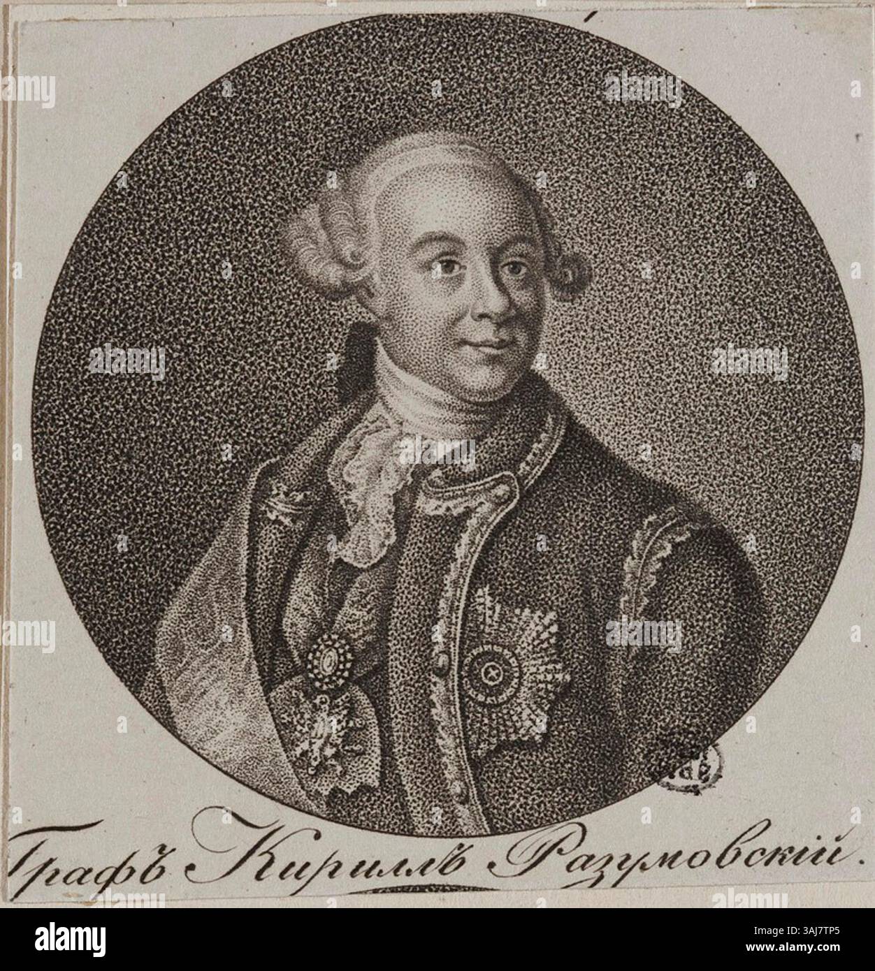 This 1838 stipple engraving by Alexei Osipov is based on a portrait of Kyrylo Rozumovsky, an ...