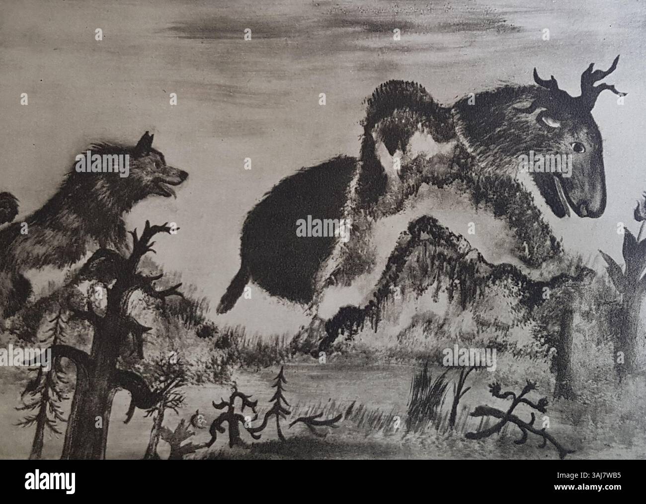 'Hund och älg' by Lim Johan Olsson, created in 2020, depicts a scene ...