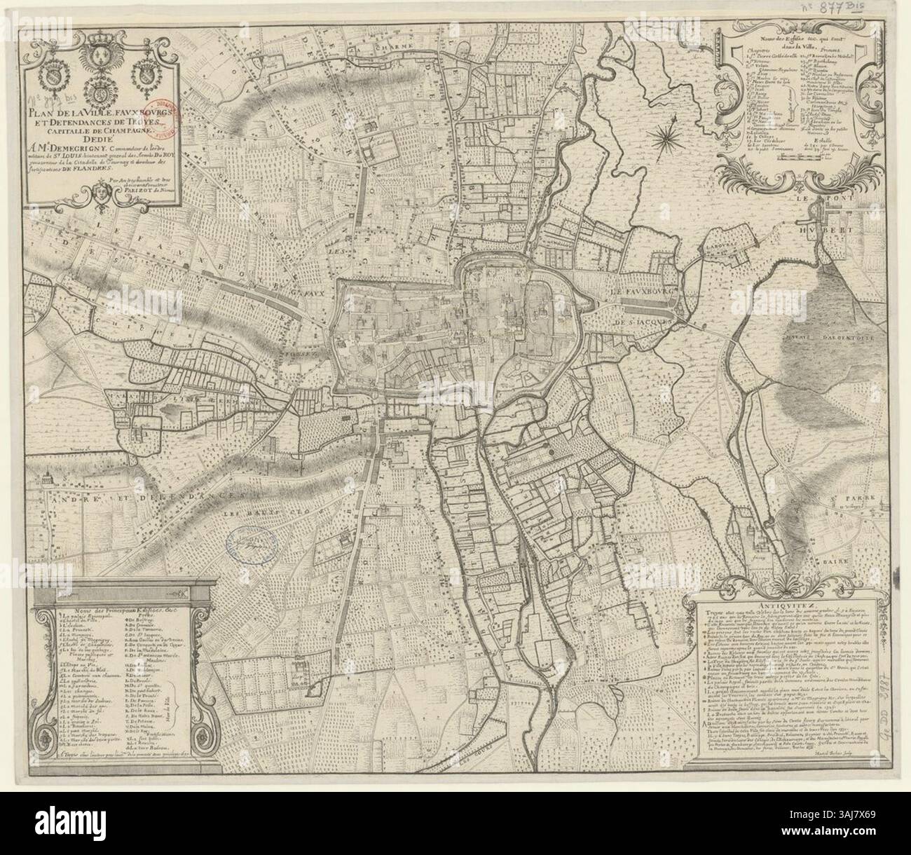 A 1697 map depicting the city of Troyes, its suburbs, and surrounding ...