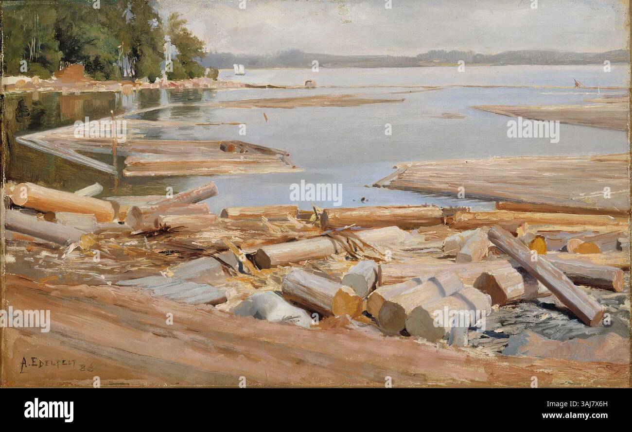 *Log Raft* by Albert Edelfelt, painted in 1886, depicts the laborious ...