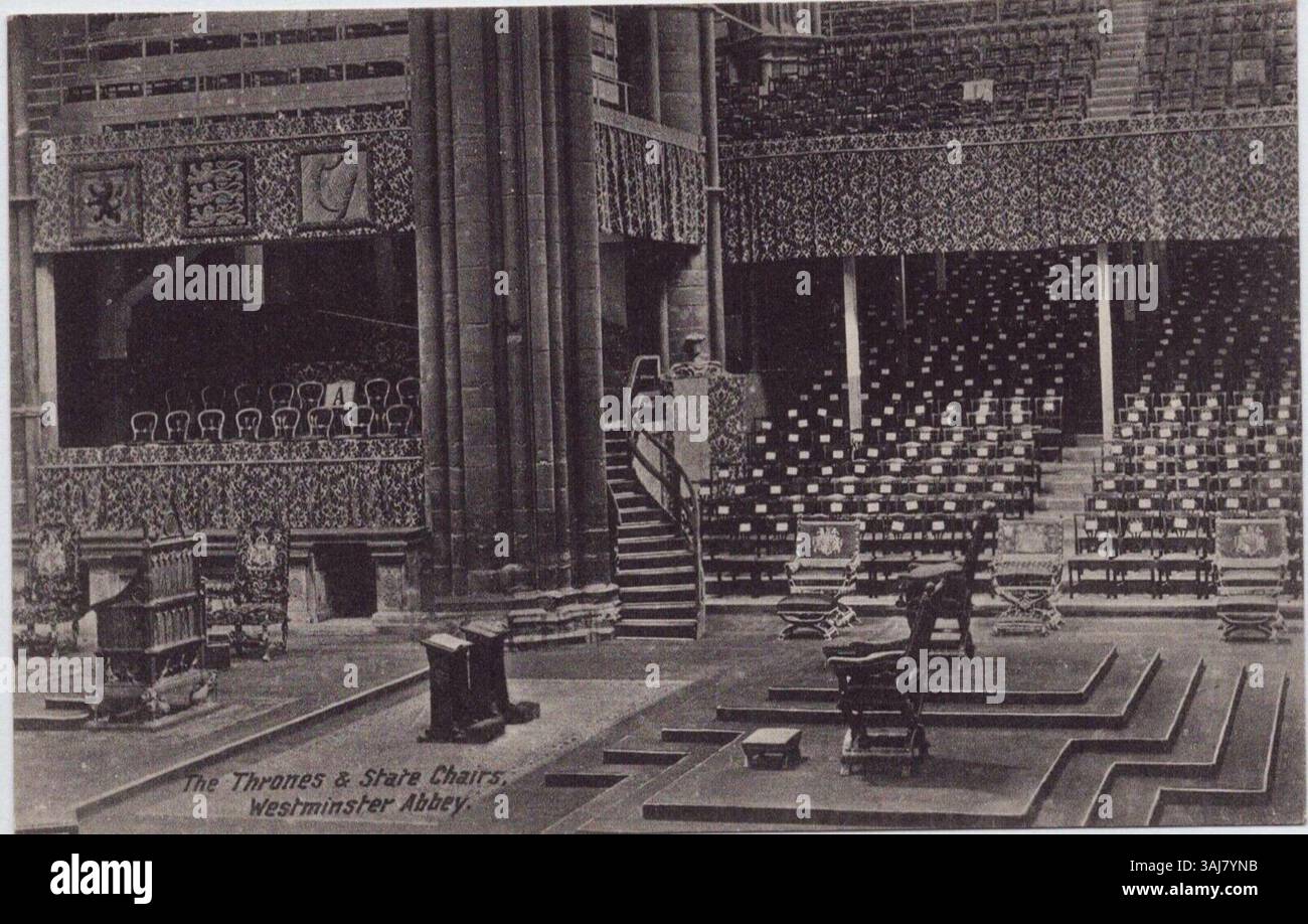 A depiction of the thrones and state chairs at Westminster Abbey, a ...