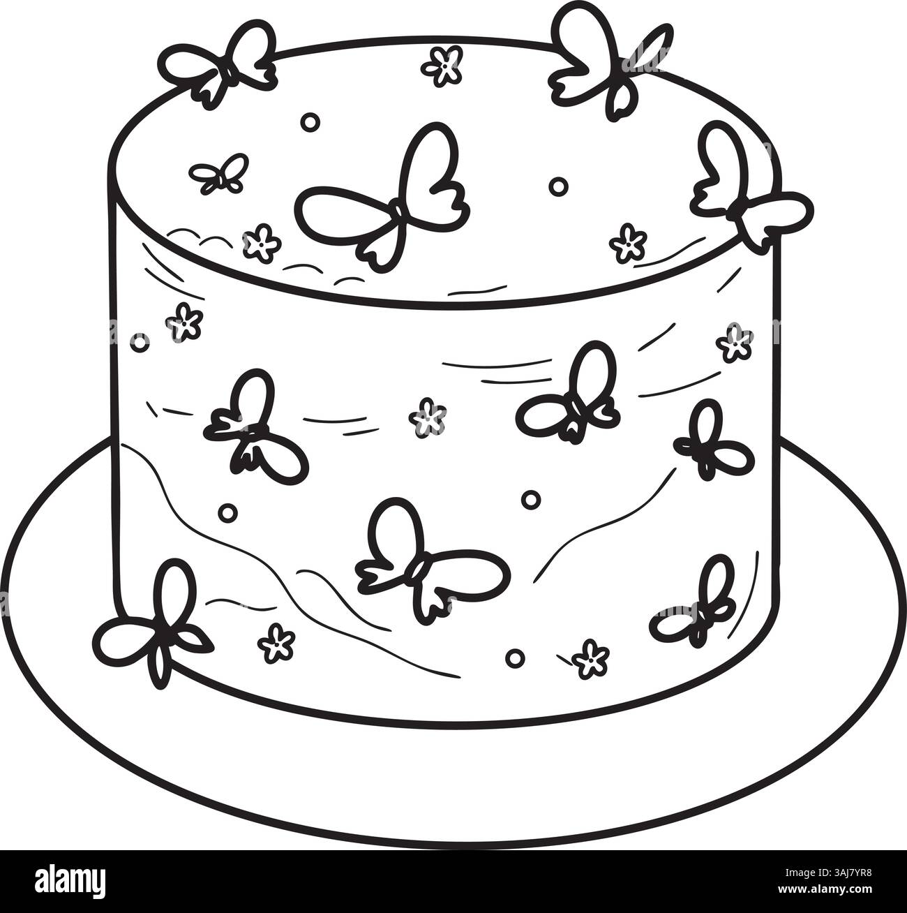 A line art drawing of a birthday cake decorated with butterflies Stock ...