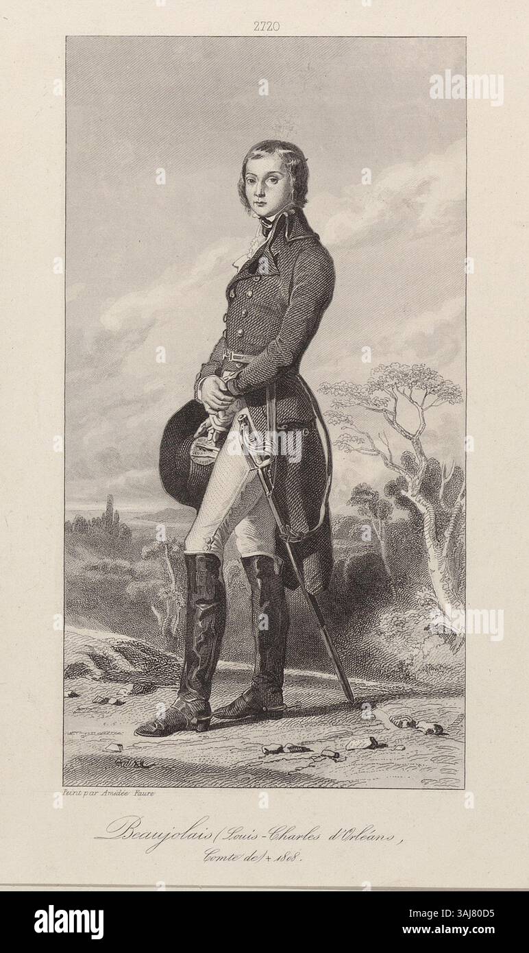 This engraving, after Amédée Faure, shows Louis Charles d'Orléans, Count of Beaujolais, between ...