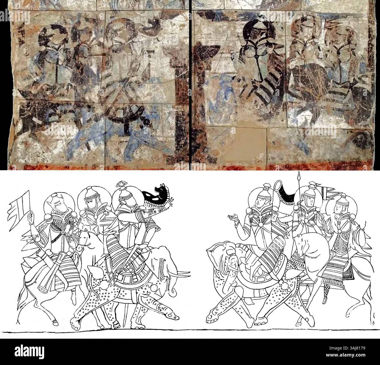 The 'War of the Relics' scene from Cave 8 in the Kizil Caves, painted ...