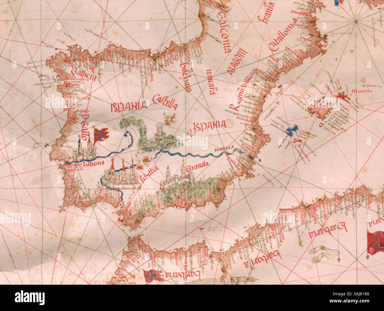 A 1455 portolan map by Bartolomeo Pareto depicting the Iberian ...