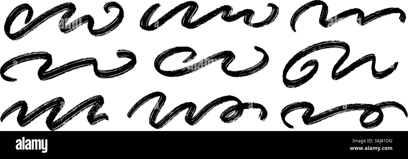 Wave paint line set. Squiggle sketch brush stroke collection. Rough ...