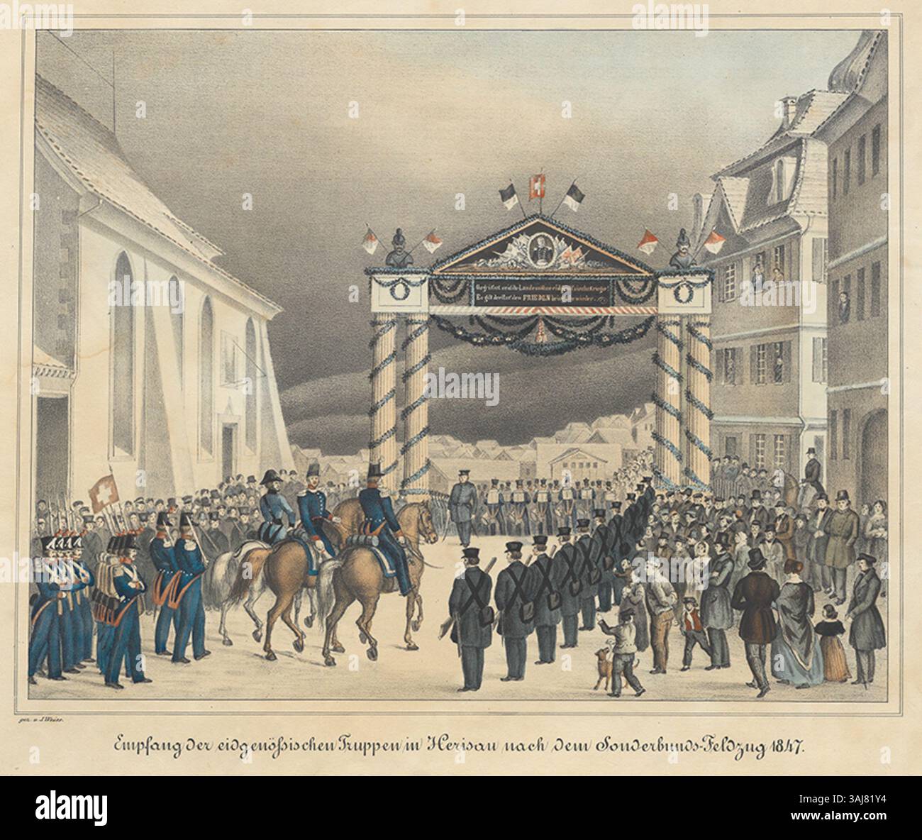 This lithograph, created by Johannes Weiss after 1846, depicts the ...