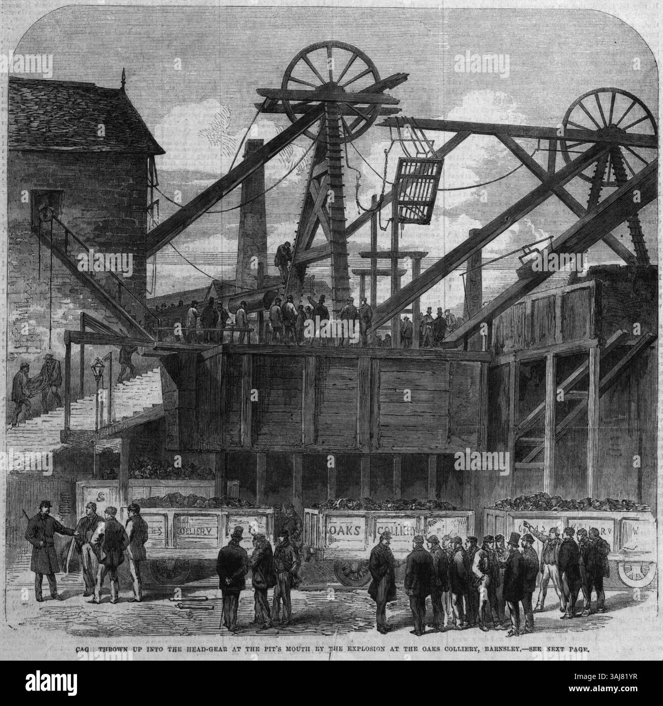 This 1866 wood engraving depicts the aftermath of the explosion at Oaks ...