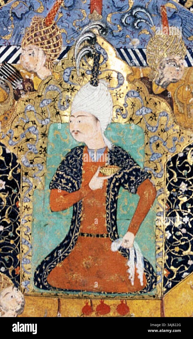 This ruler-focused double-page scene from the 1463 Khamsa of Amir ...