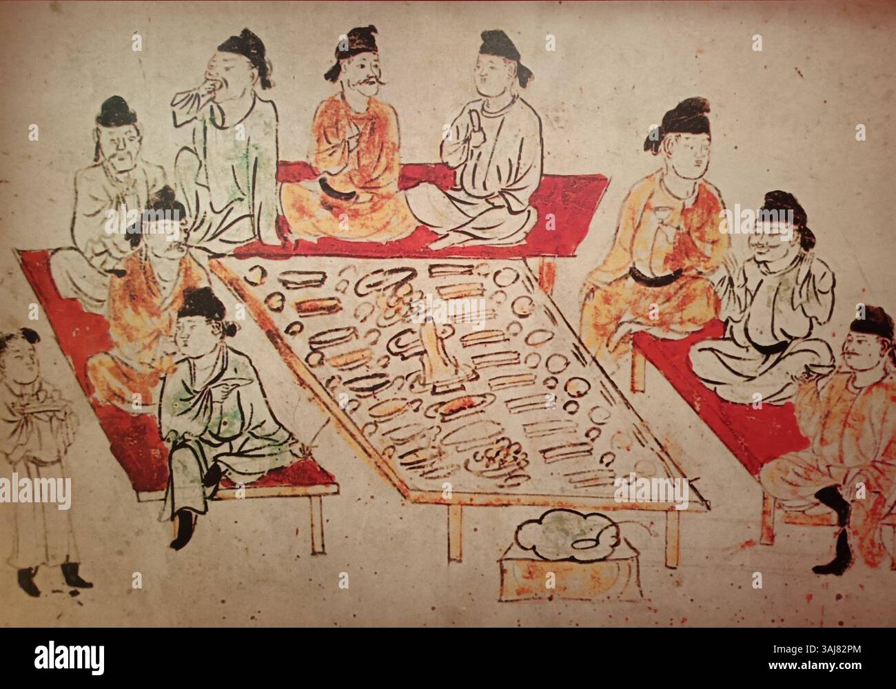 A reproduction of a Tang dynasty mural depicting an outdoor banquet ...