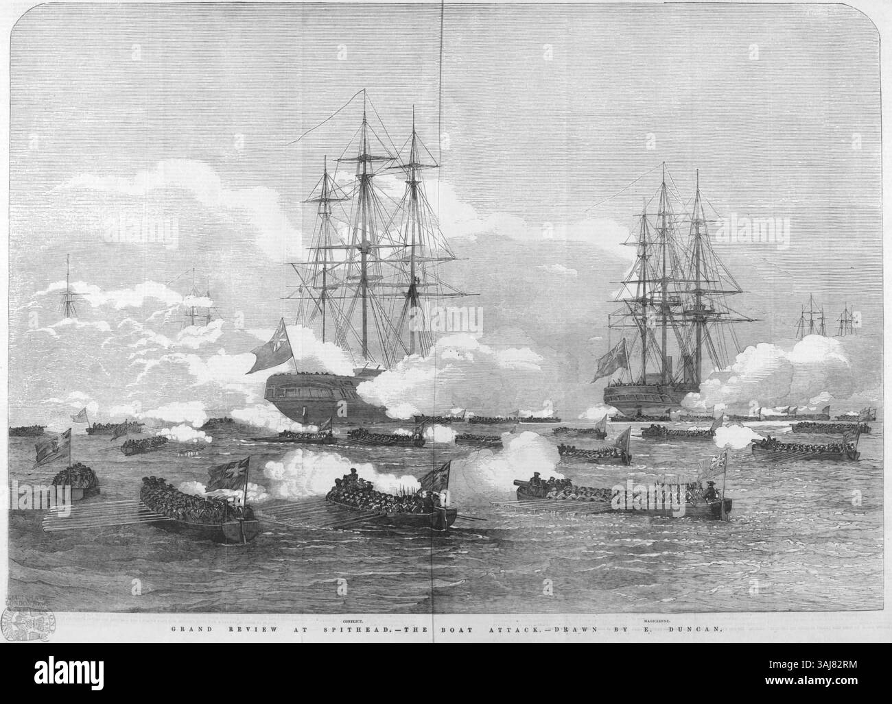 This illustration captures a boat attack during the 1853 Spithead Naval ...