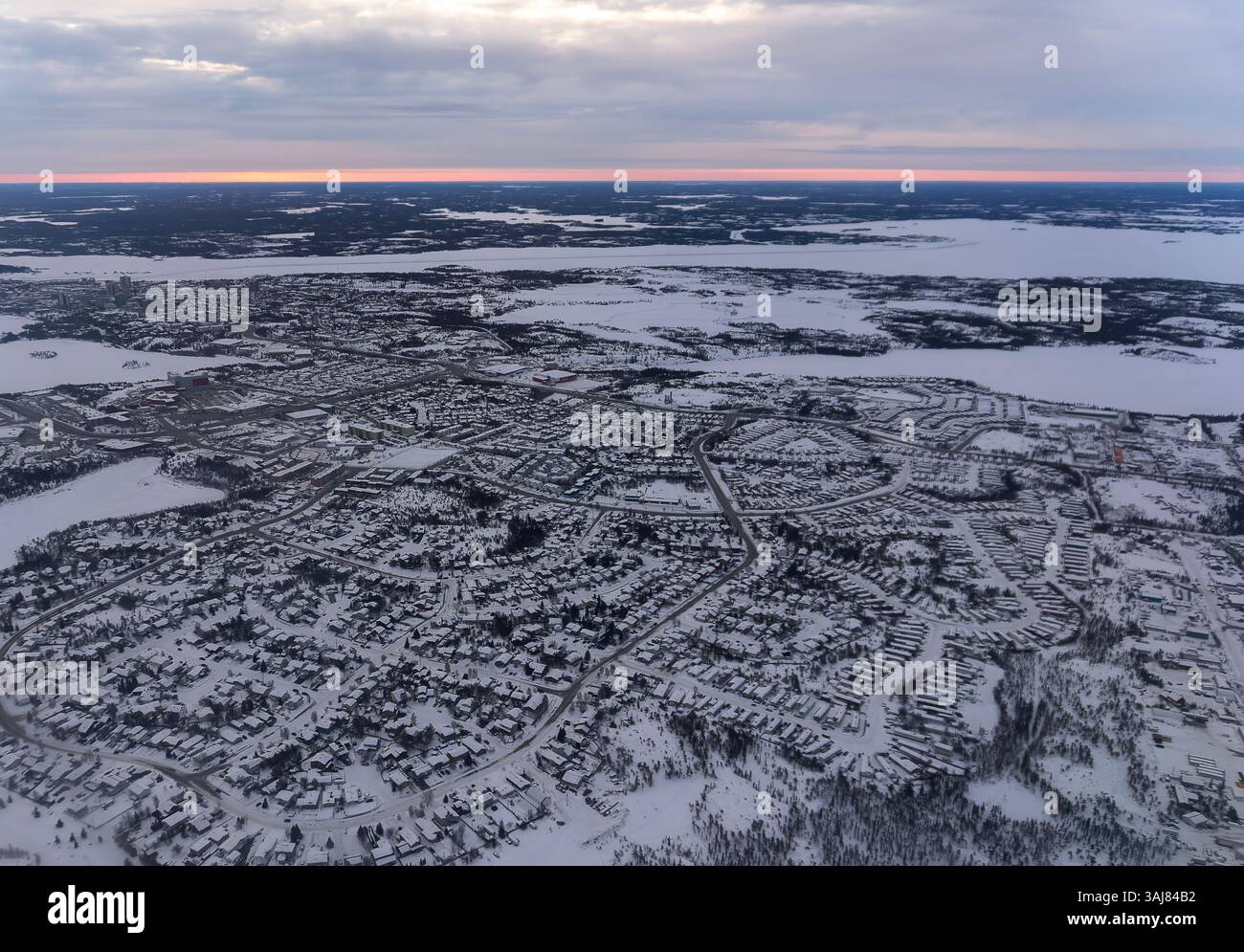 An aerial view of winter landscape at Yellowknife, Northwest ...