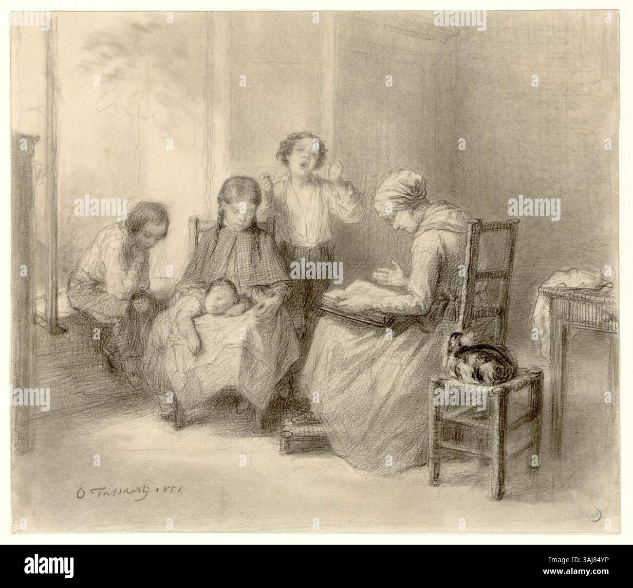 This 1851 drawing by Octave Tassaert titled 'Bible Reading' is a black ...