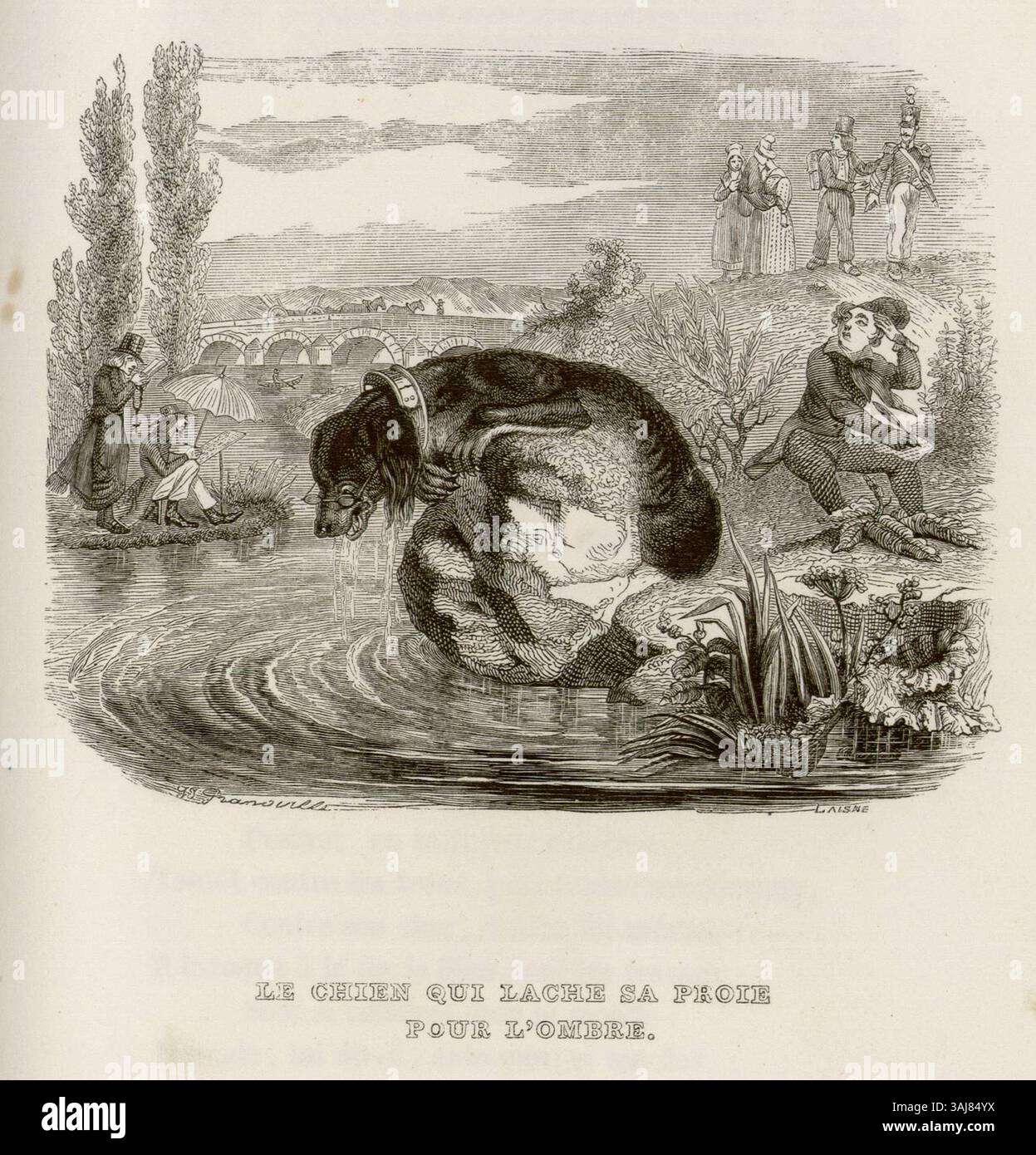 This 1838 print from La Fontaine’s Fables depicts a dog releasing its ...