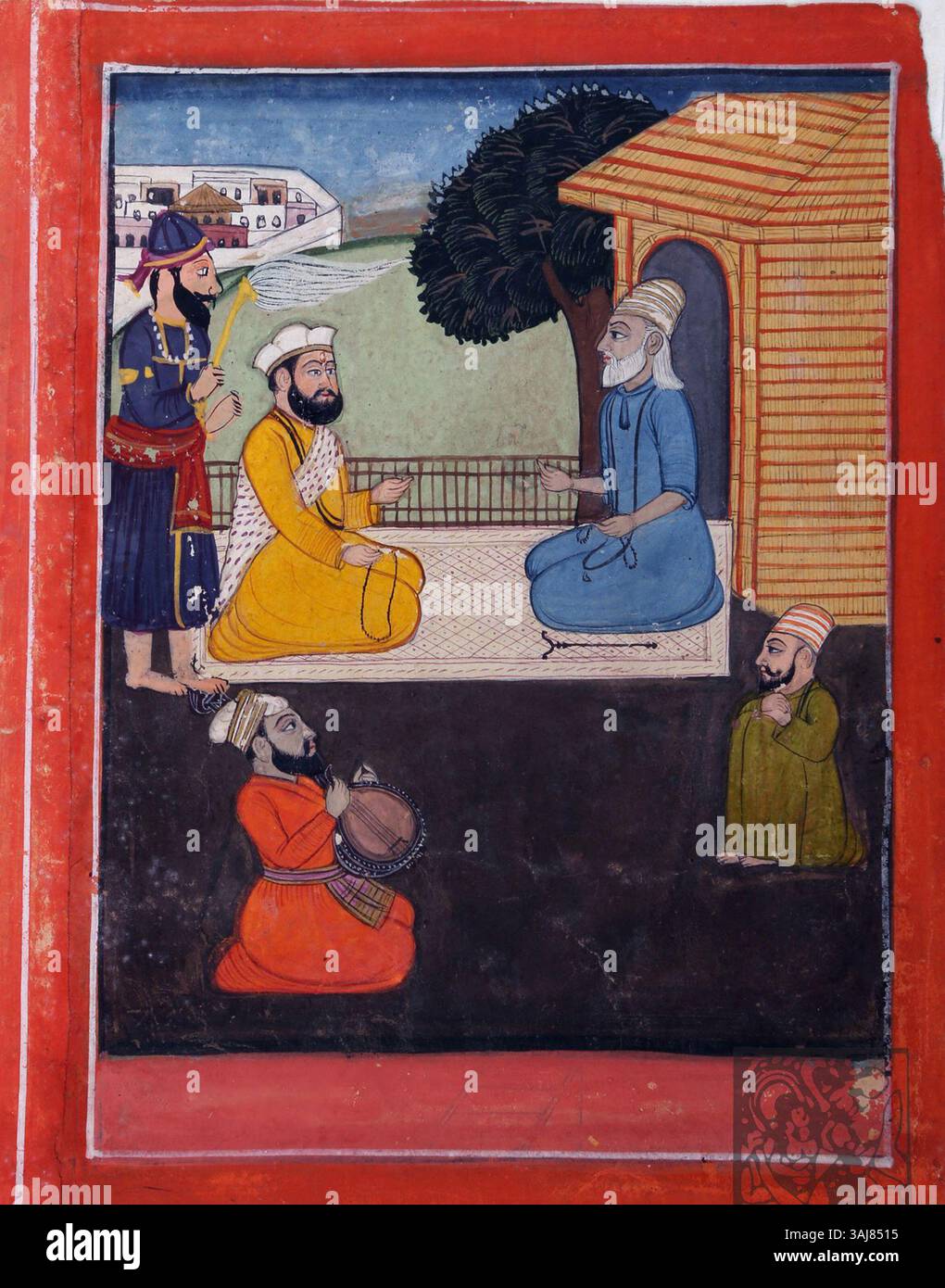 Depiction of Guru Nanak conversing with Sufi Rahman Shah, along with Bhai Bala and Bhai Mardana ...