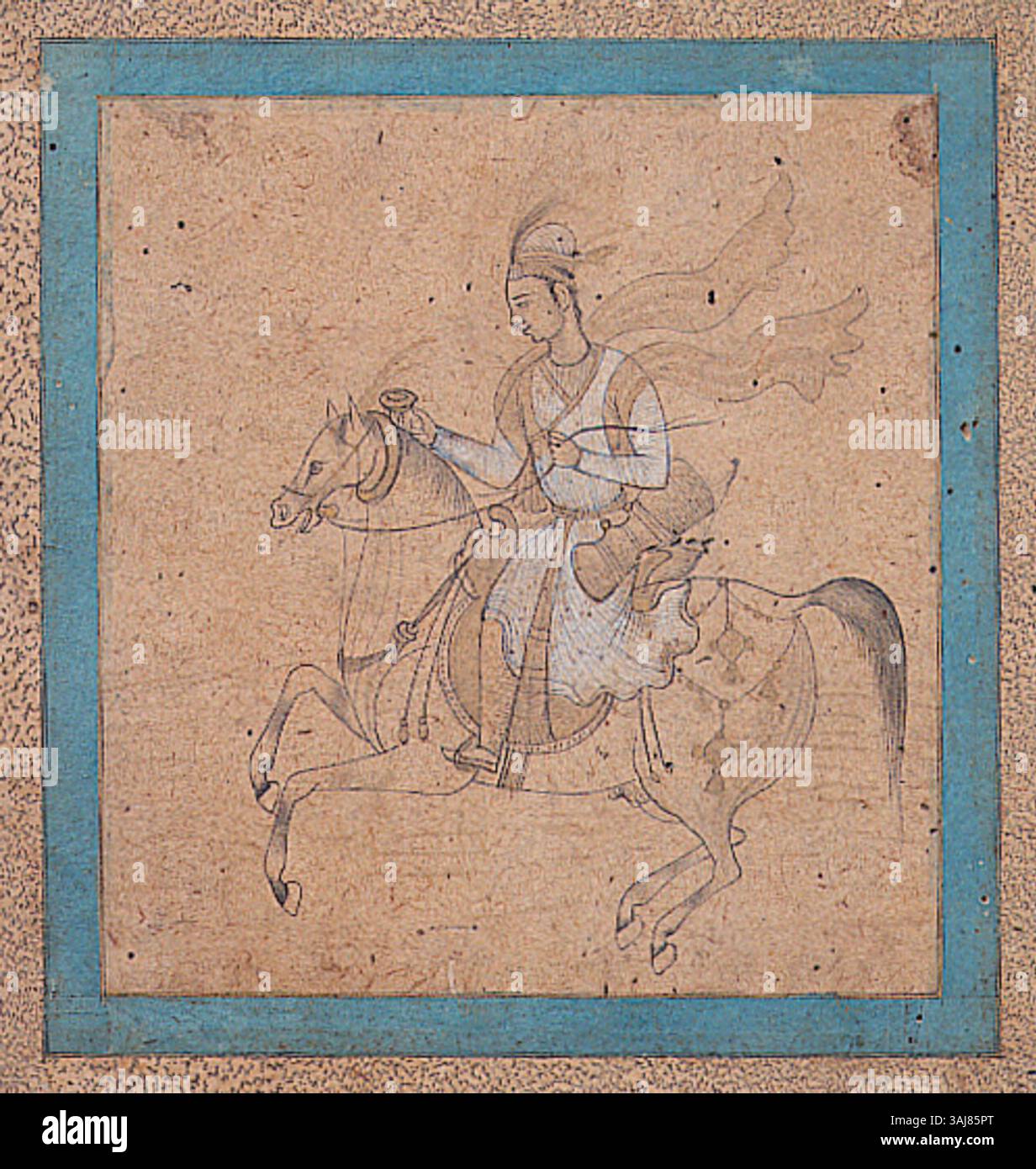 A 1650 Persian artwork depicting a rider astride a prancing horse. This ...