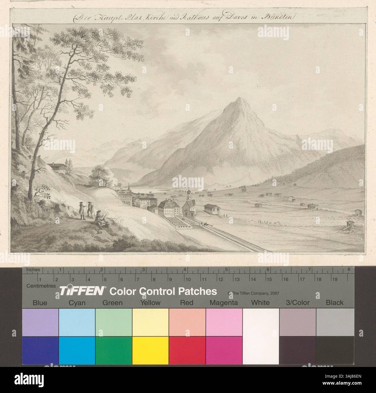 This 1780 drawing shows Davos Dorf, featuring the town square with the ...