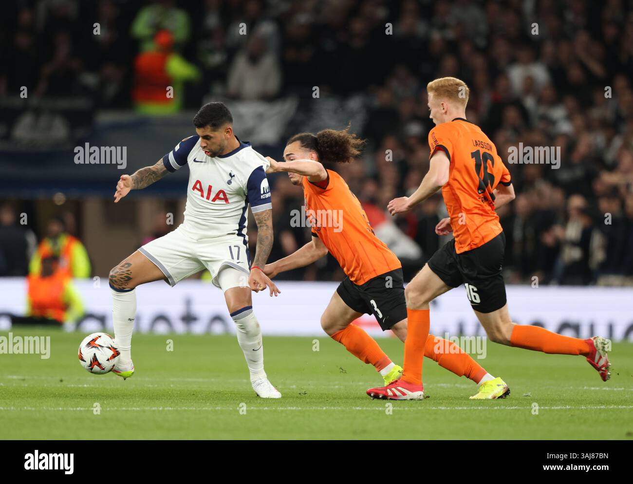 London, UK. 10th Apr, 2025. Cristian Romero (TH) Amil Siljevic (EF ...