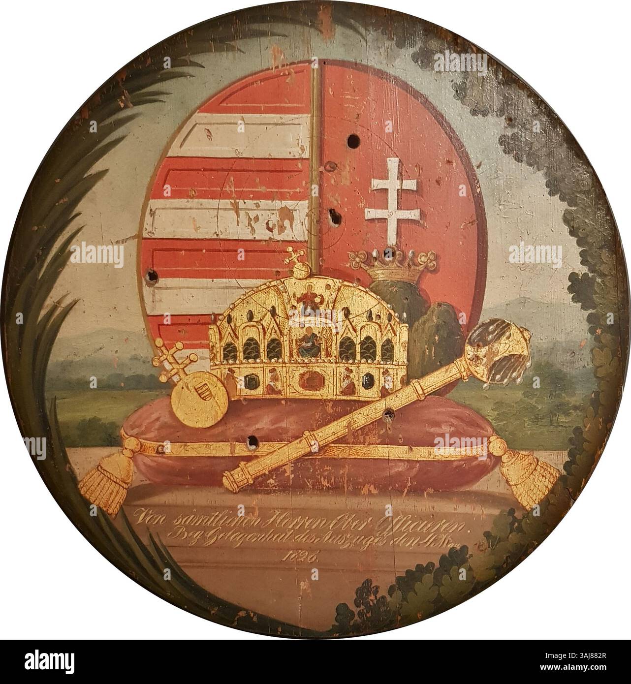 A painted target from 1826 showcasing the insignia of the Hungarian ...