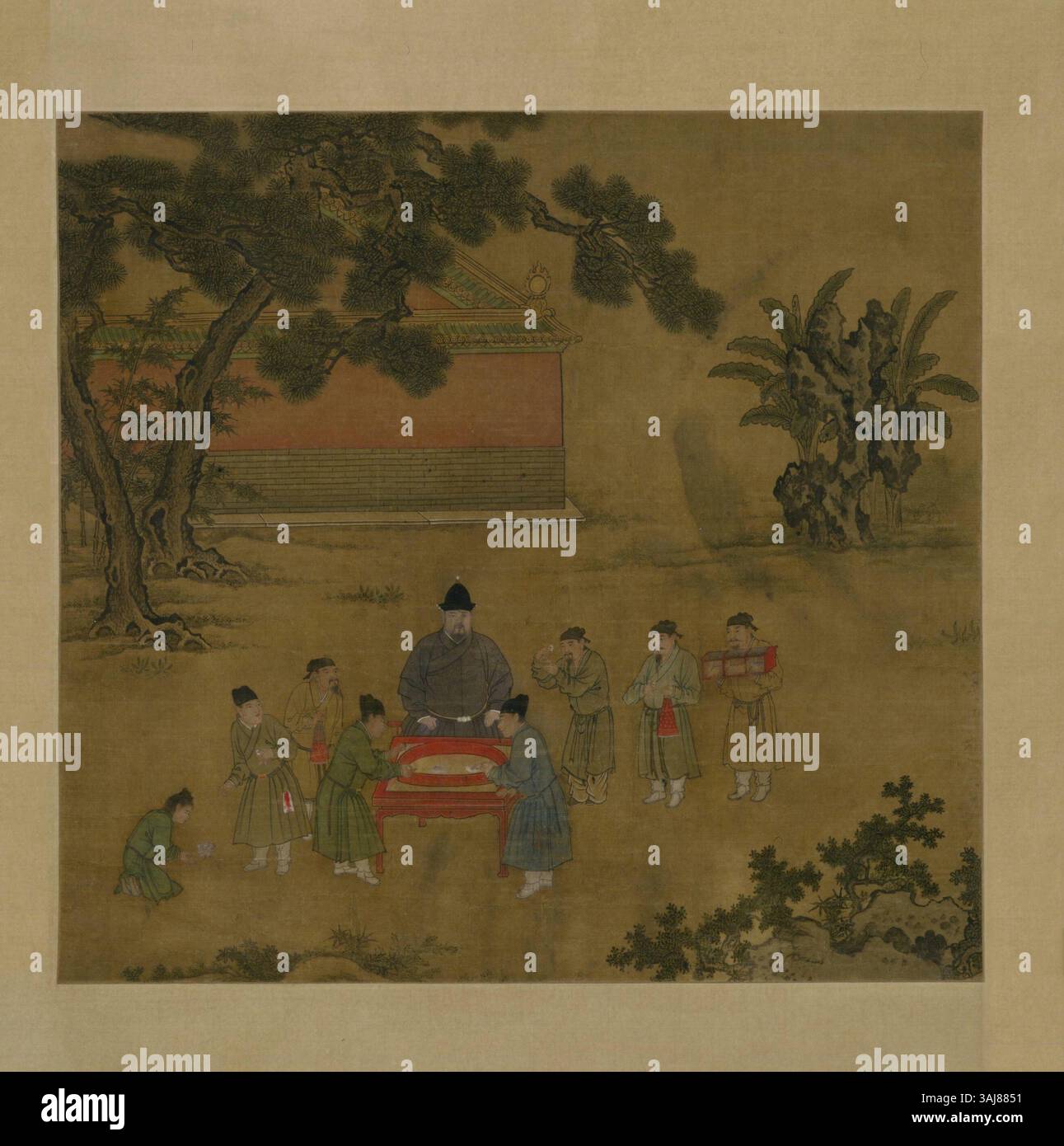 A Chinese ink and color painting on silk depicting the Xuande Emperor ...