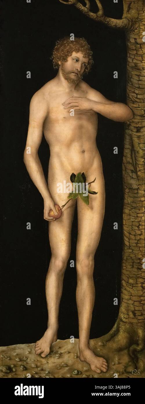 This painting, part of a diptych by Lucas Cranach the Elder, depicts the biblical scene of the ...