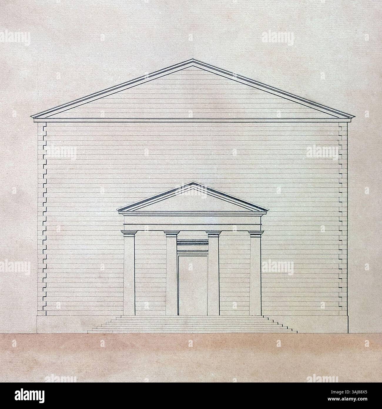 Drawing of the main façade of the Protestant Temple of Saint-Hippolyte ...