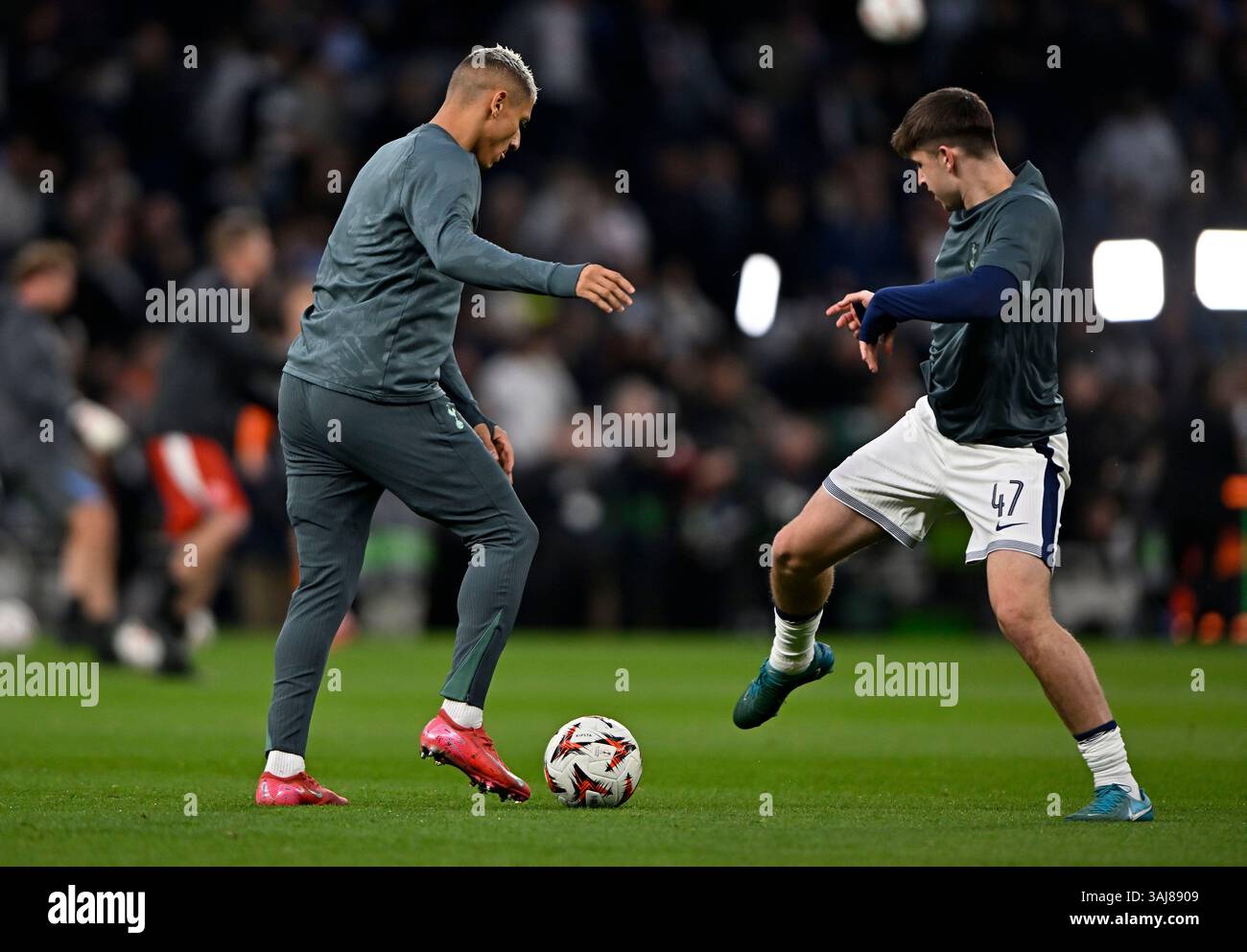 London, UK. 10th Apr, 2025. Richarlison (Spurs) and Mikey Moore (Spurs ...