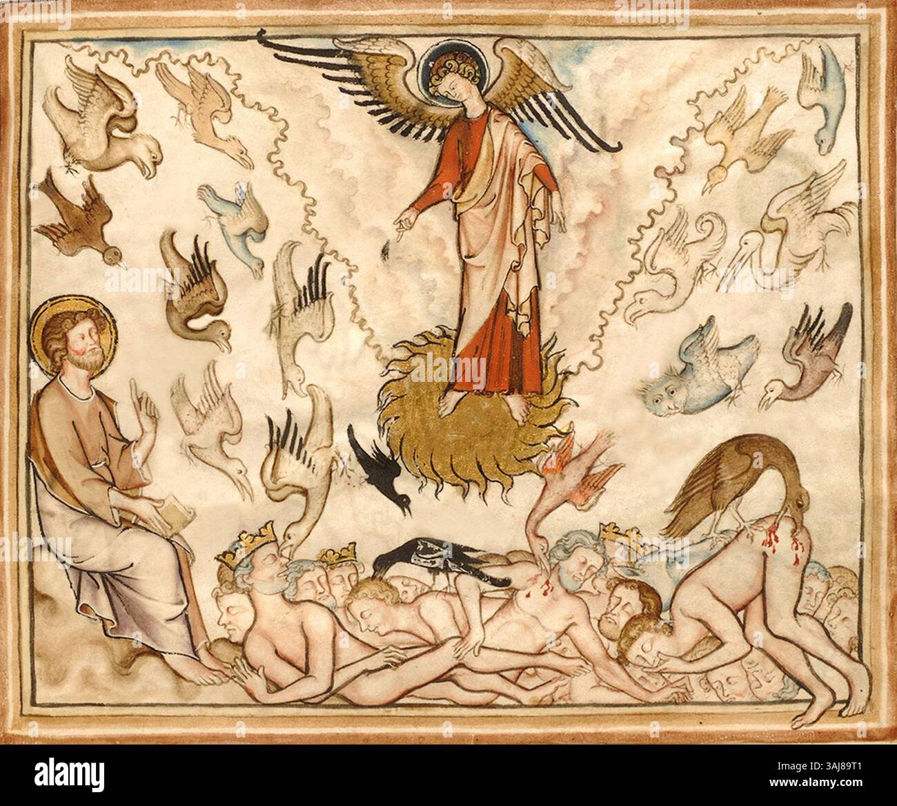 This manuscript illumination, circa 1320-1330, portrays birds invited to God's feast by an angel ...