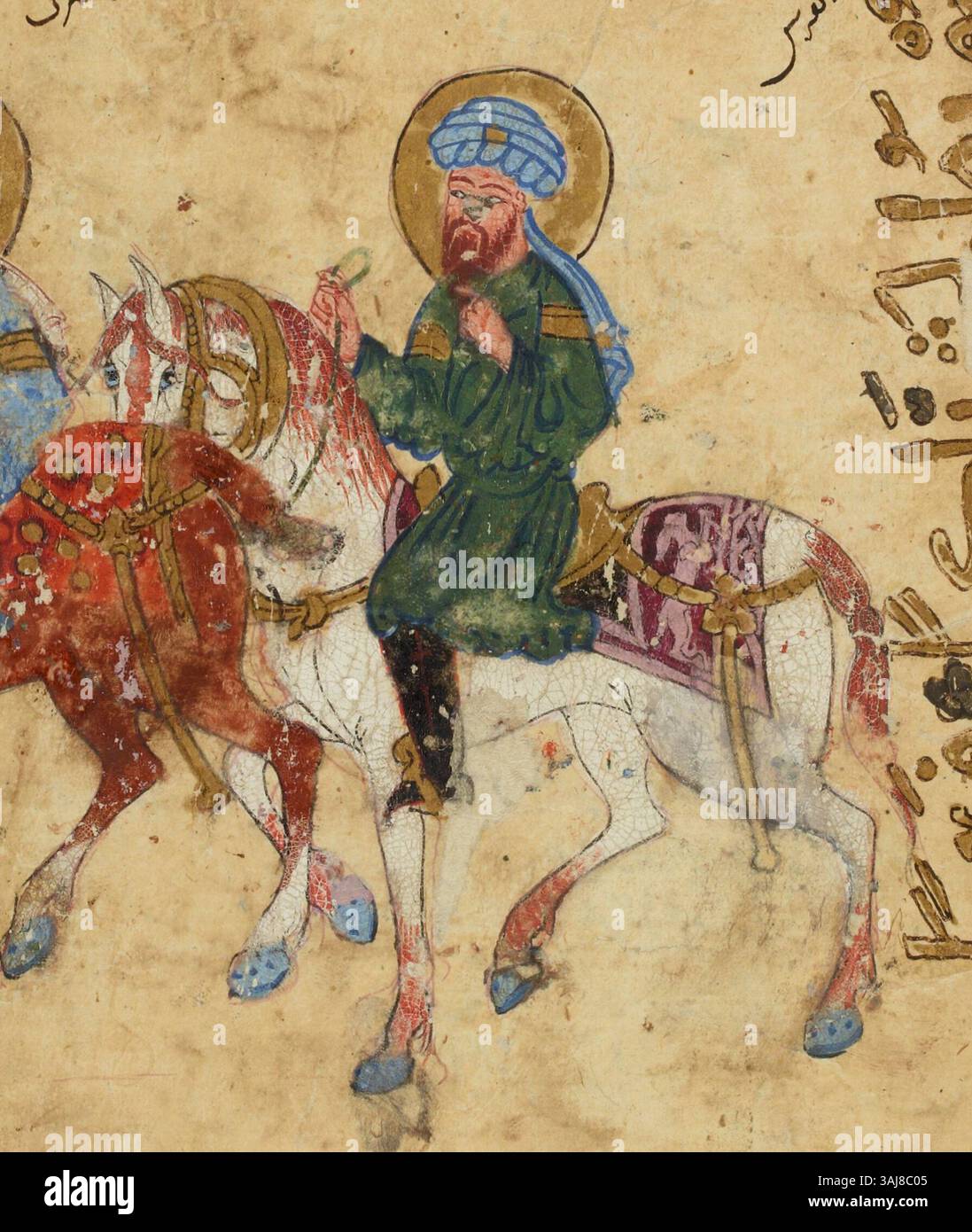 Maqama 43 illustrates Abu Zayd riding a horse, part of the 13th-century ...