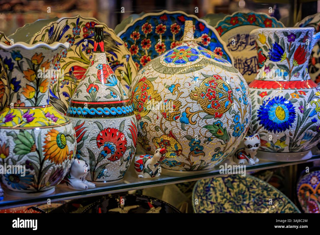 Ornate handmade Turkish ceramic Iznik pottery panel with a pomegranate ...
