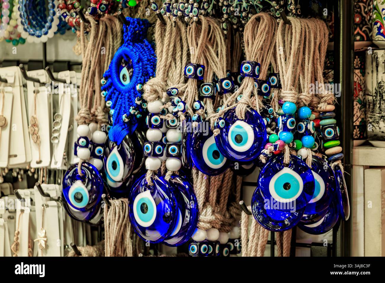 Colorful Turkish souvenirs, blue and white nazar charms, amulets ...