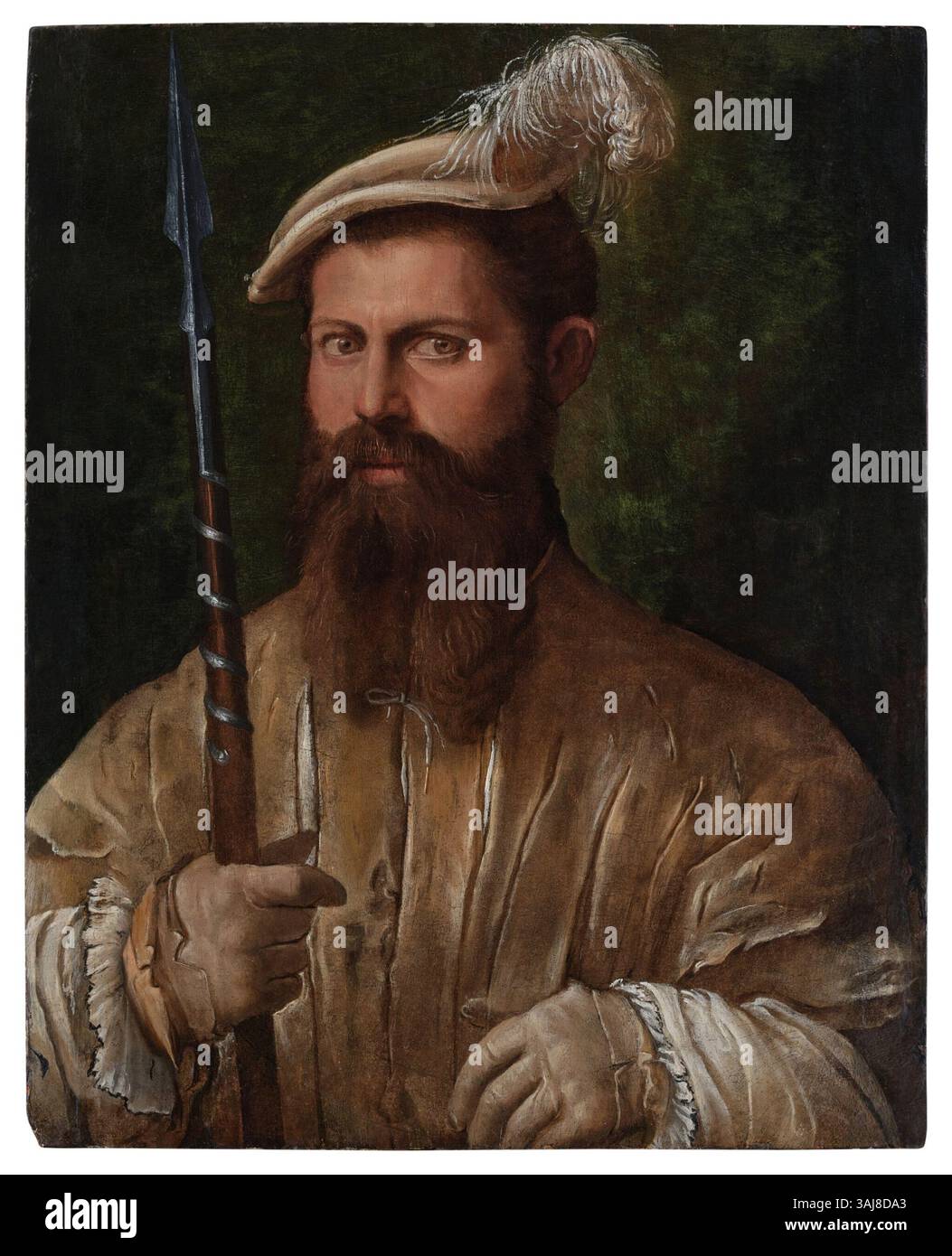 This oil painting by Niccolò dell'Abbate depicts a man holding a lance ...