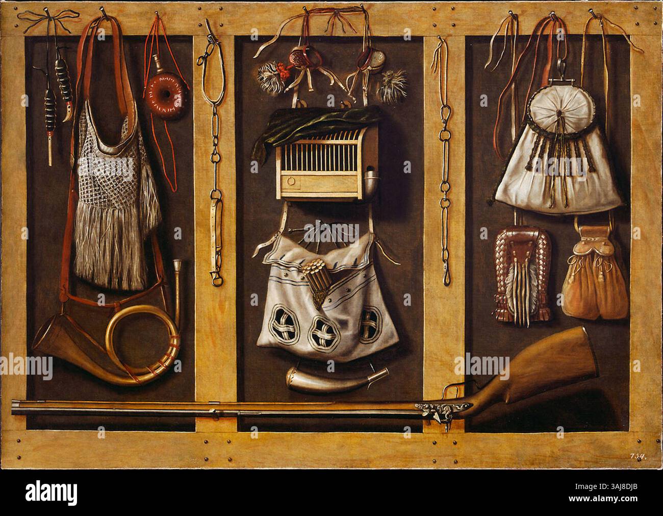 A German painting titled 'Jagdgerätschaften' from circa 1660, featuring ...