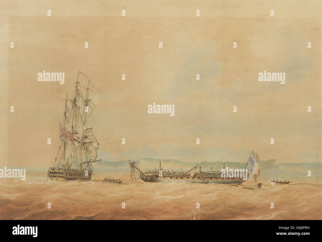 This watercolor by Nicholas Pocock depicts the HMS San Fiorenzo capturing the French ship ...